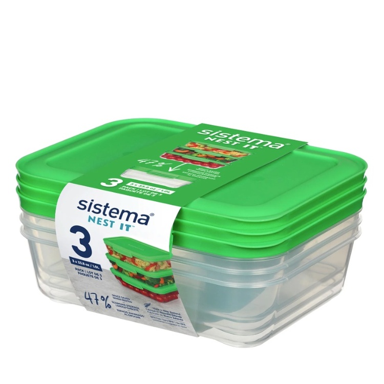 Food Storage boxes, 1L, Set of 3, SISTEMA NEST IT, Clear / Green